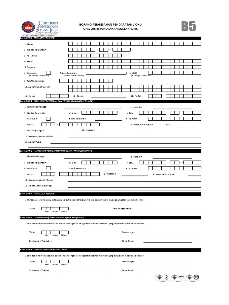 Borang Pengesahan Pendapatan Oku B5 | PDF