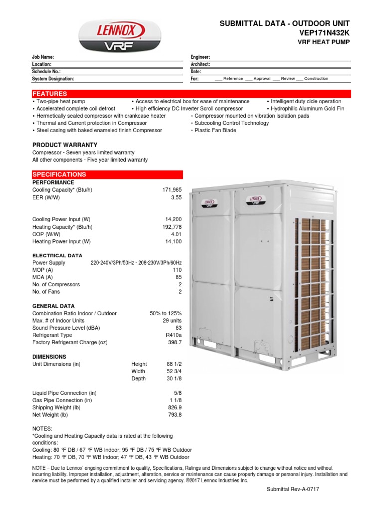 LENNOX VRF Submittal VEP171N432K 16F50 STANDARD 072017 | PDF | Heat ...