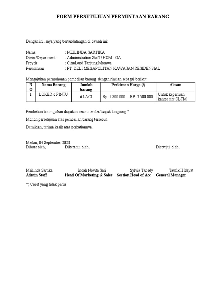 Form Persetujuan Pembelian Barang | PDF | Bisnis
