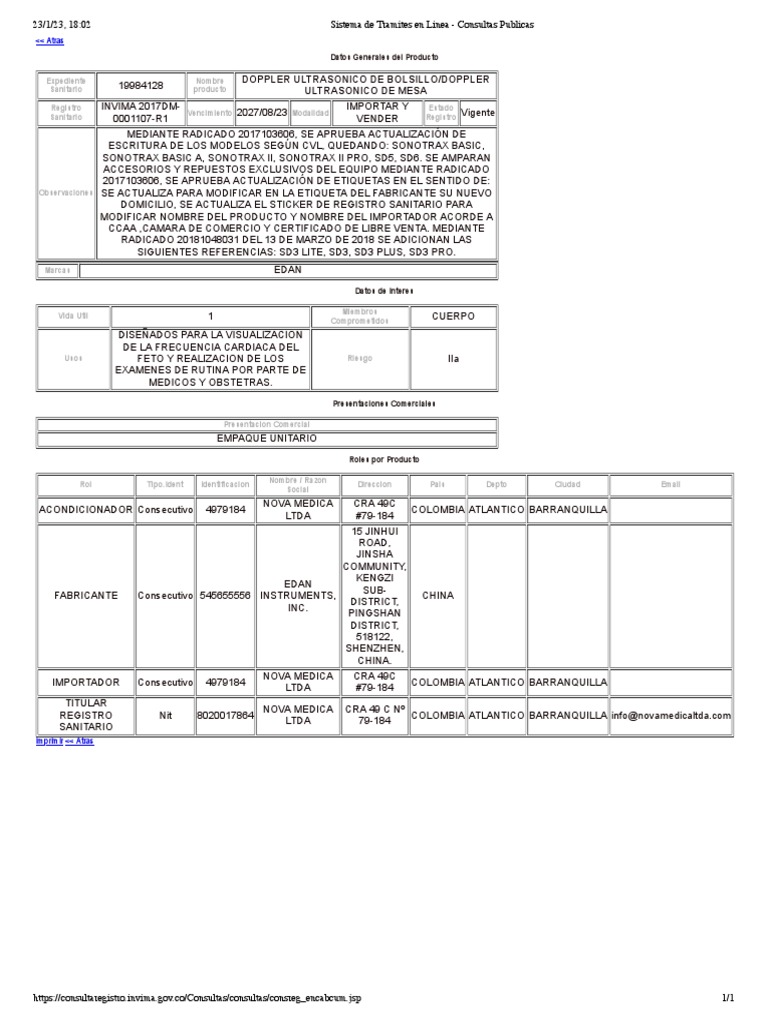 Invima Doppler Edan sd3 Pro | PDF