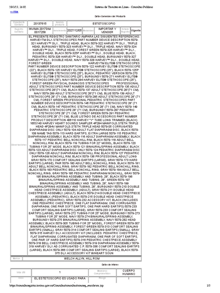 Invima Fonendoscopio Welch Allyn | PDF