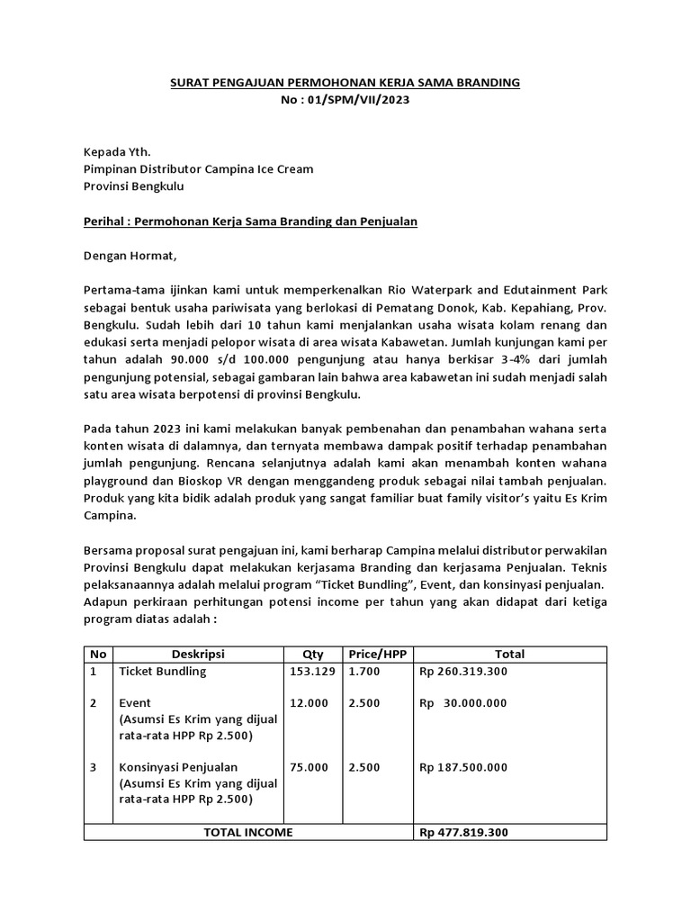 Proposal Pengajuan Kerjasama Branding Campina | PDF