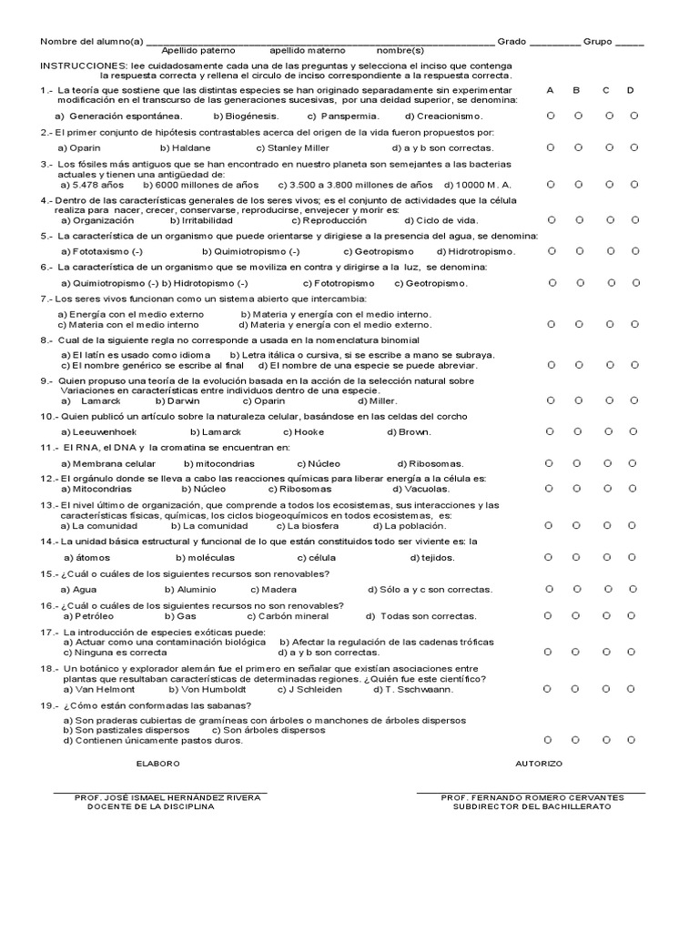 Examen Diagnostico Biología Exp 5to | Descargar gratis PDF | Biología Celular) | Nucleo celular