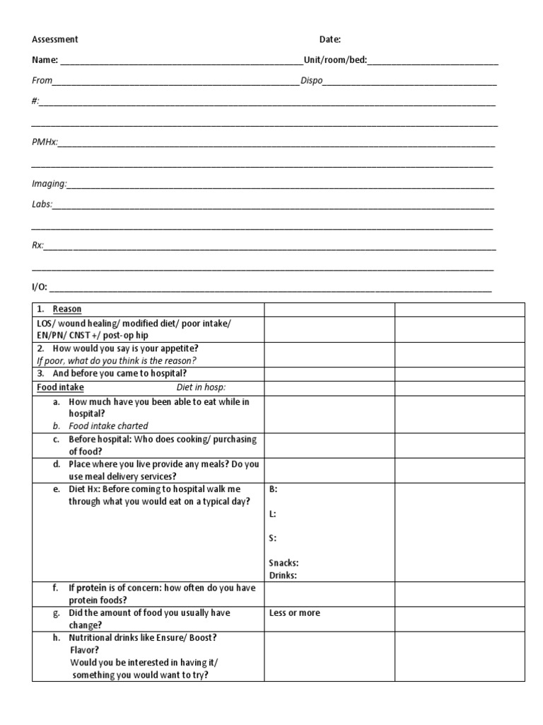 Nutritional Inpatient Assessment Form | PDF | Diet (Nutrition) | Diet ...