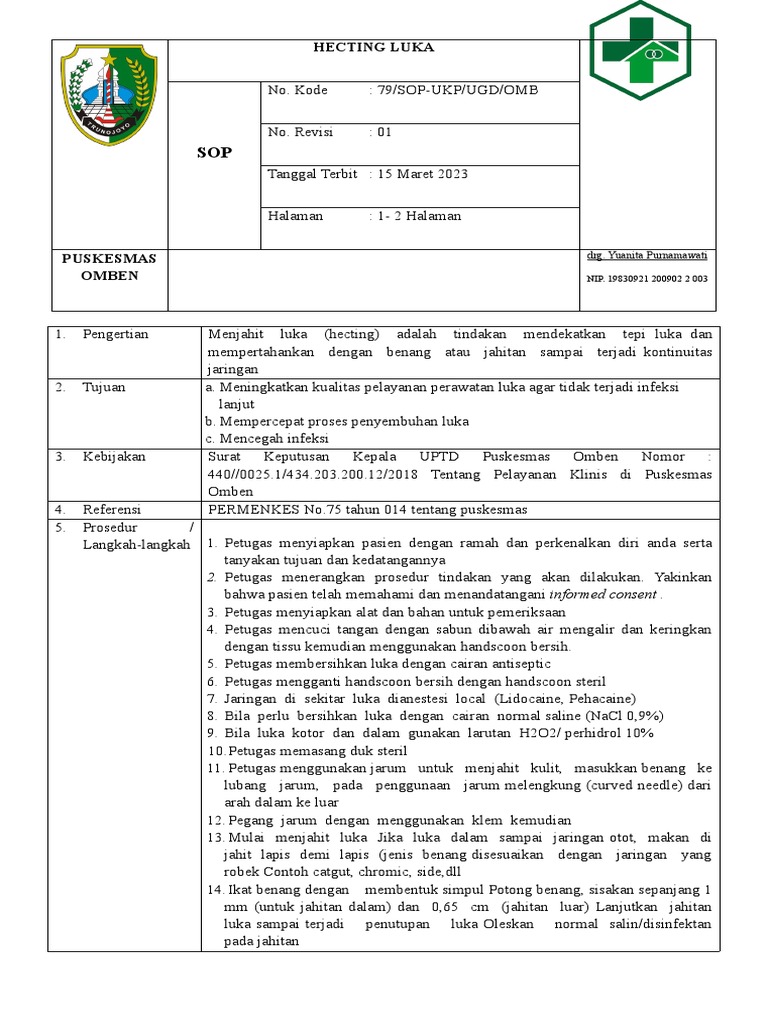 SOP Menjahit Luka di Puskesmas Omben | PDF