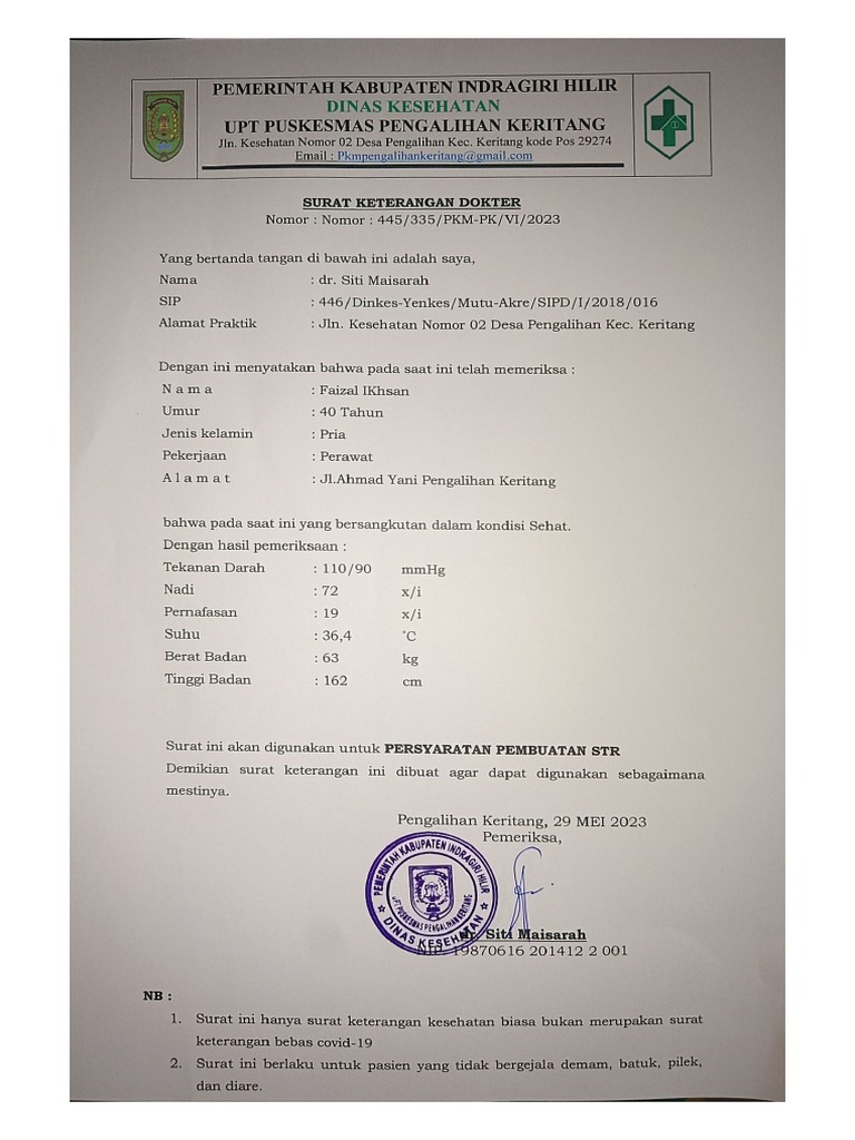 Surat Keterangan Sehat Contoh Puskesmas | PDF