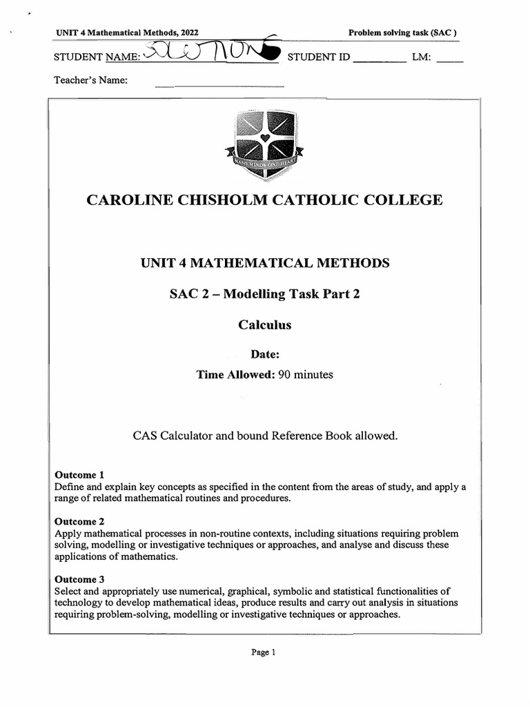 12MM Calculus SAC Part 2 Solutions 2022 | PDF | Area | Mathematics