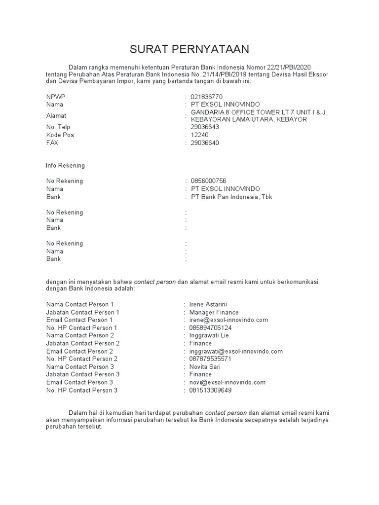 Surat Pernyataan PT Exsol Innovindo | PDF | Pengelolaan Keuangan & Uang