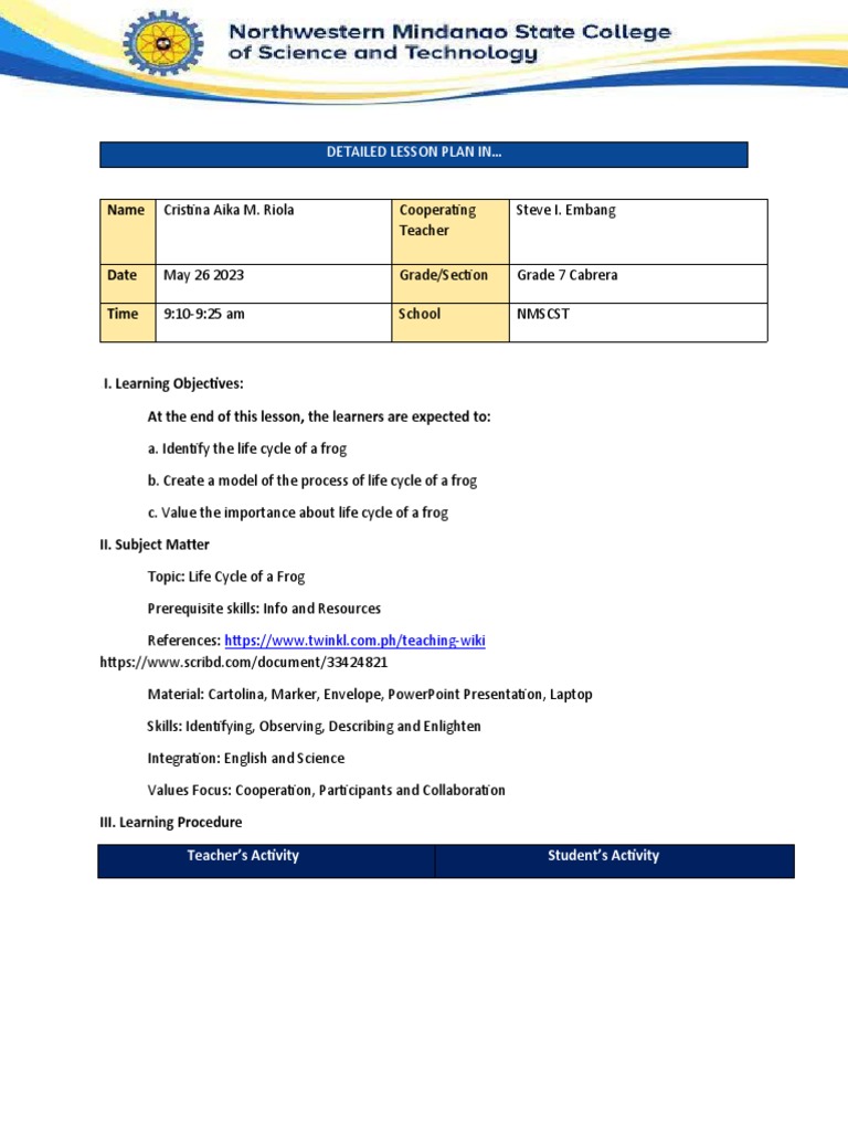 Detailed Lesson Plan in 2 | PDF | Amphibian | Frog