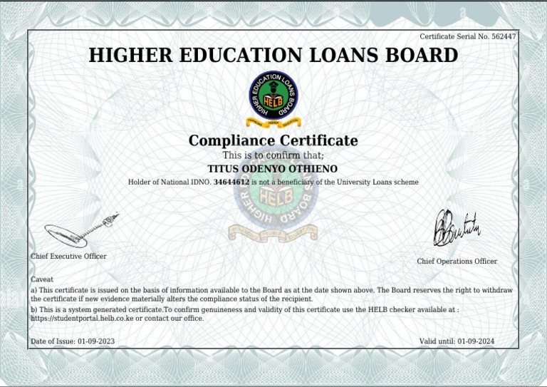 HELB Compliance Certificate 40416005 | PDF