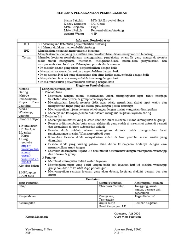 RPP Daring FQ Penyembelihan (2 Pertemuan) | PDF