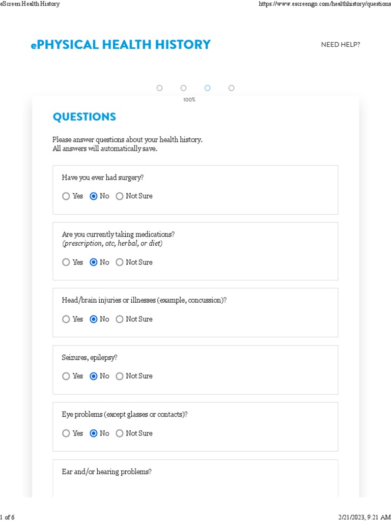 Escreen Health History - PREGUNSTAS MEDICAS | PDF