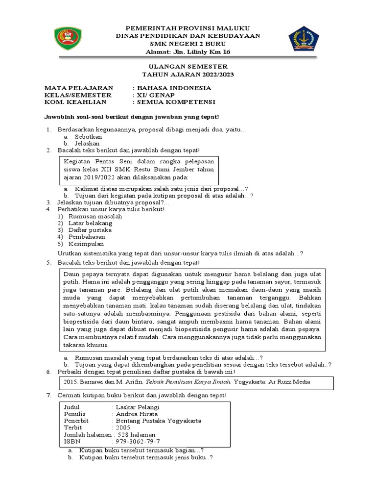 Soal Kls 2 Esay BHS. INDONESIA | PDF