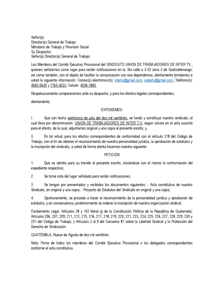 B. Modelo de Solicitud de Inscripción Dirigida Al Director General de Trabajo | PDF | Gobierno ...