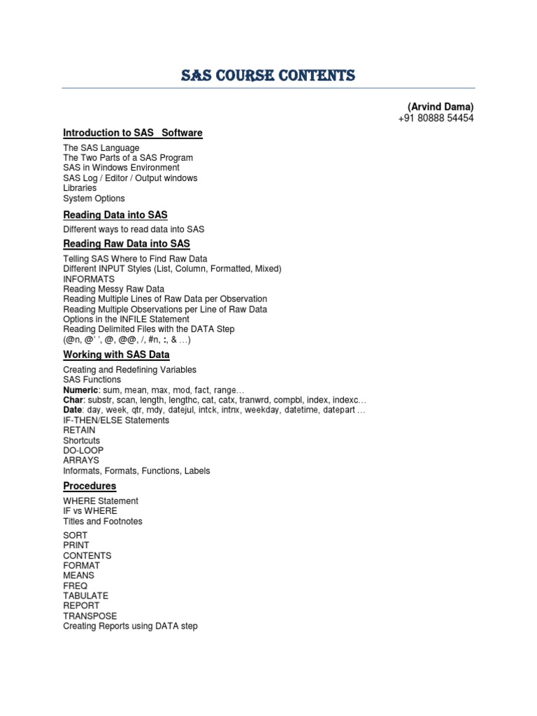 Sas Contents (Arvind) | PDF | Sas (Software) | Parameter (Computer Programming)
