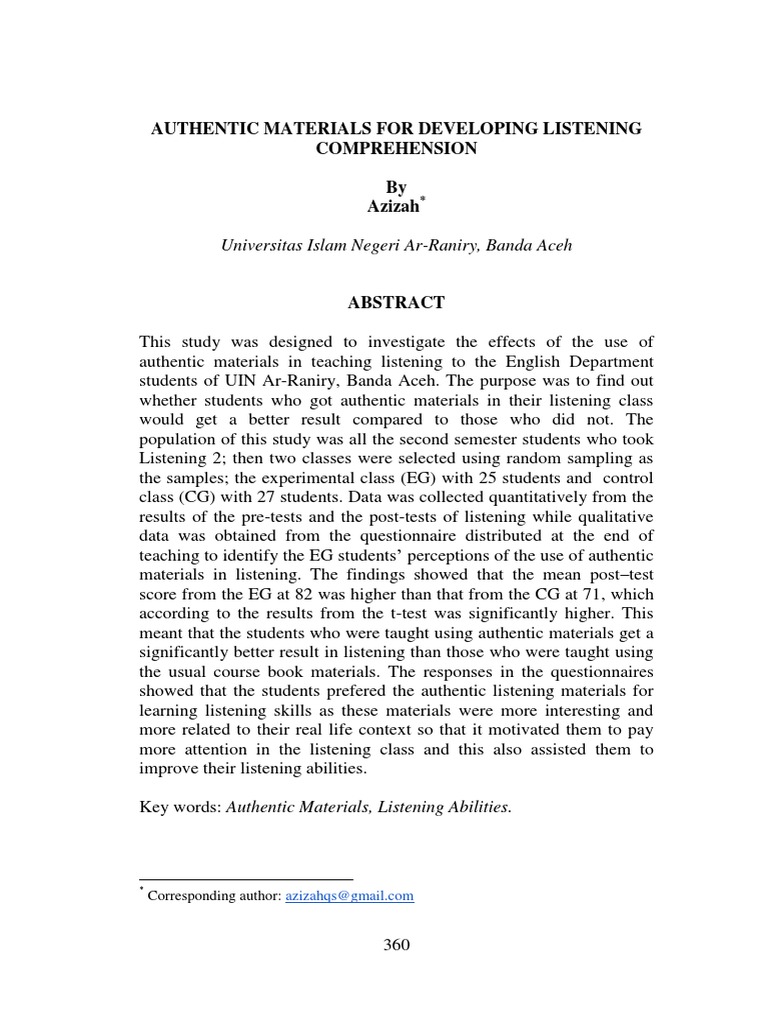 Authentic Materials For Developing Listening Comprehension by Azizah | PDF | English As A Second ...