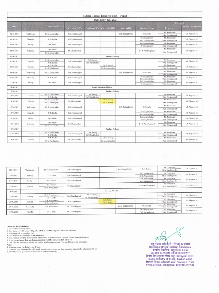 Duty Roster June-2022 | PDF