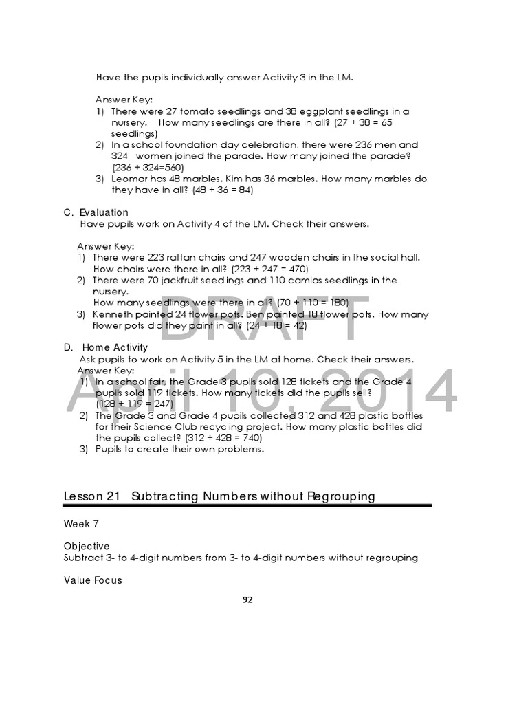 TG - Math 3 - Lessons 21-40 | PDF | Subtraction | Mathematics