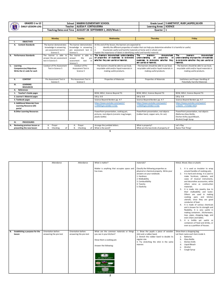 Grade 5 Science DLL Week 1 | PDF | Gemstone | Physical Sciences