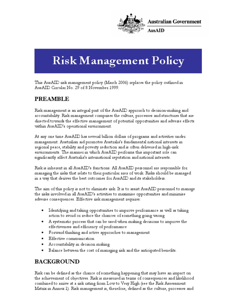 AusAID Risk Management Policy Overview | PDF | Risk Management | Risk