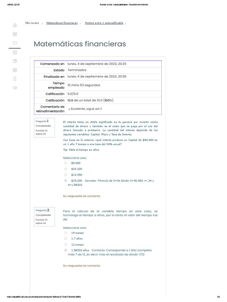 Matemáticas Financieras Puntos Extra 1 Autocalificable | PDF | Economias