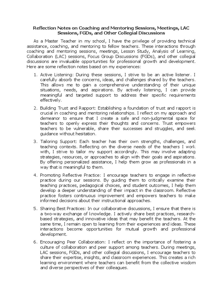 Reflection Notes On Coaching and Mentoring Sessions Meetings LAC ...