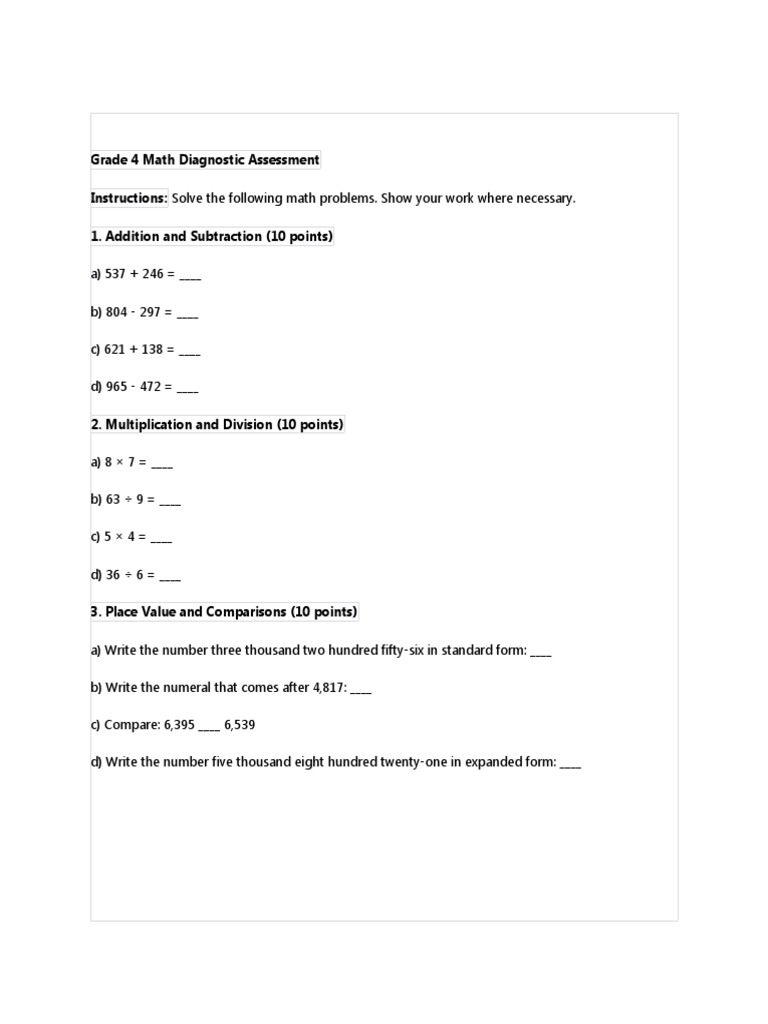 Grade 4 Math Diagnostic Assessment | PDF | Length | Mathematics