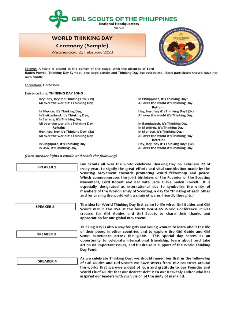 2023 Sample World Thinking Day Ceremony | PDF | Scouting | Girl Guiding And Girl Scouting