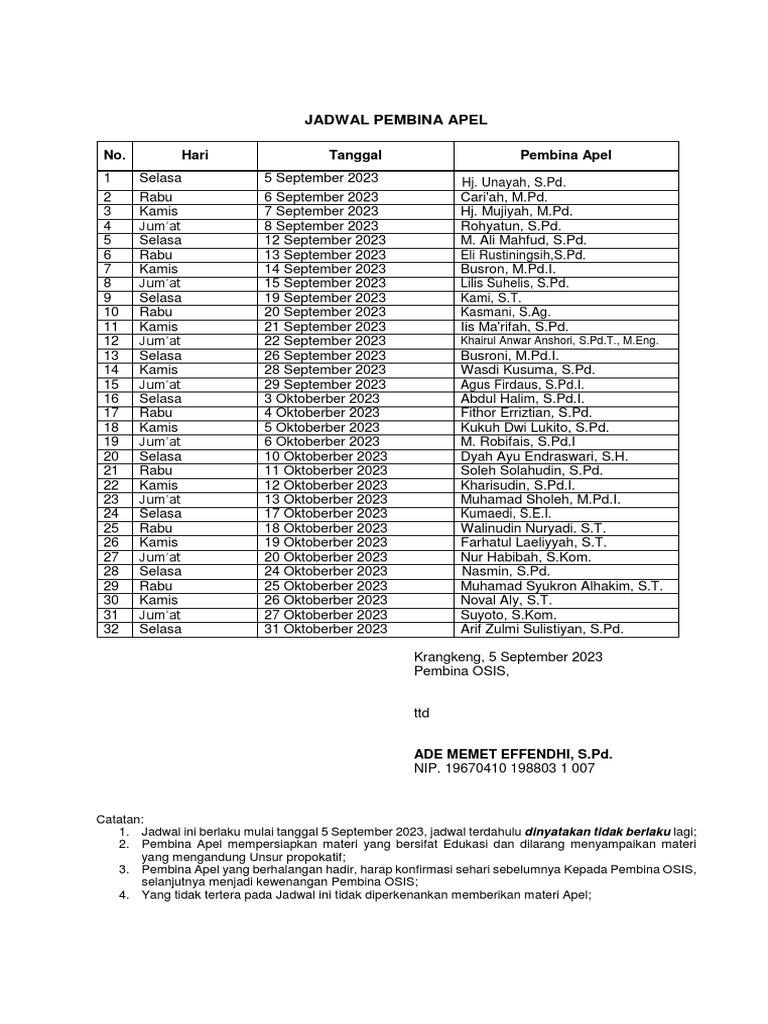 Jadwal Pembina Apel Dan Upacara | PDF