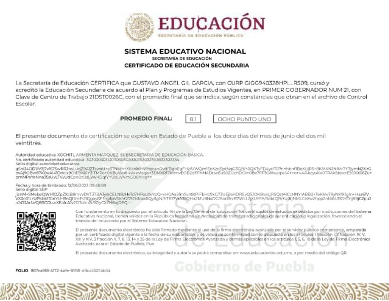 Certificado Secundaria | PDF