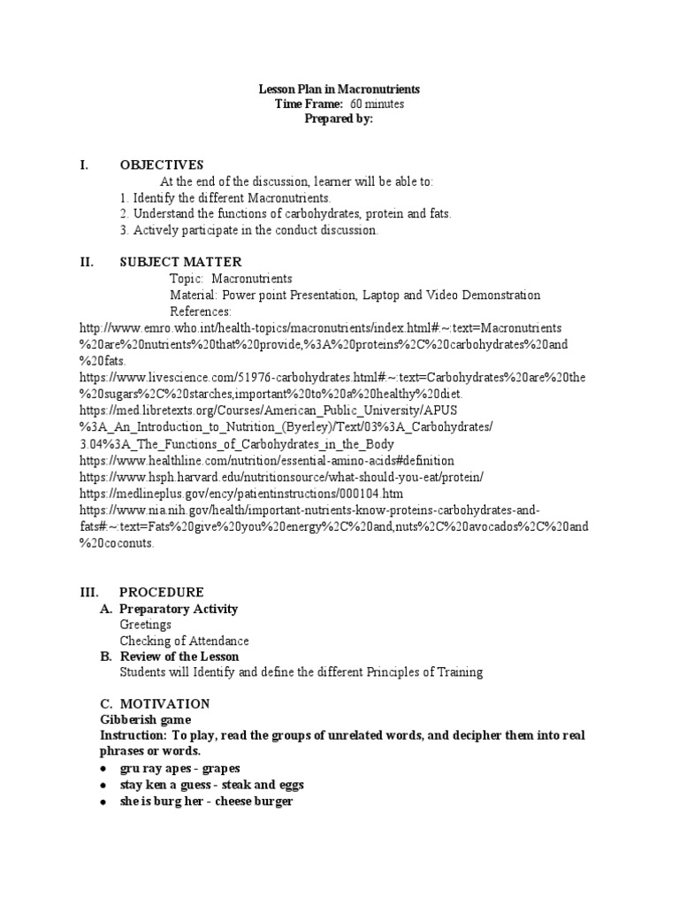 Lesson Plan in Macronutrients | PDF | Fat | Fatty Acid