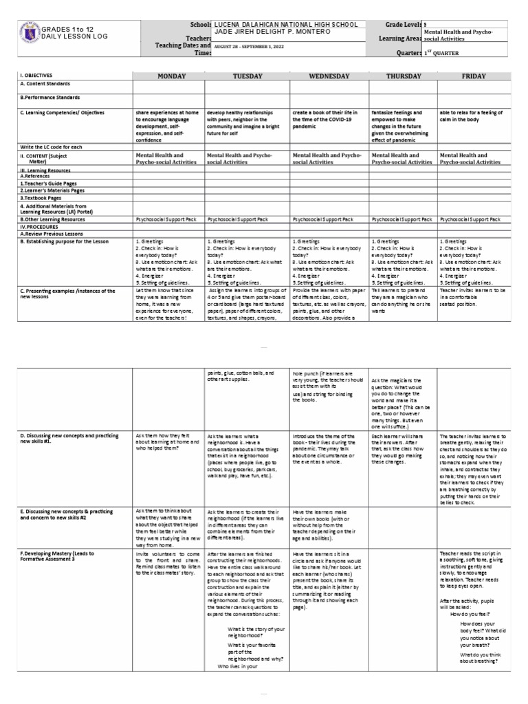 DLL Psycho Social Lesson Plan With Activities in Psychosocial Support | PDF | Learning | Teachers