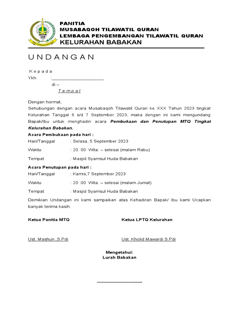 Undangan MTQ | PDF | Memasak, Makanan, & Anggur | Agama & Spiritualitas