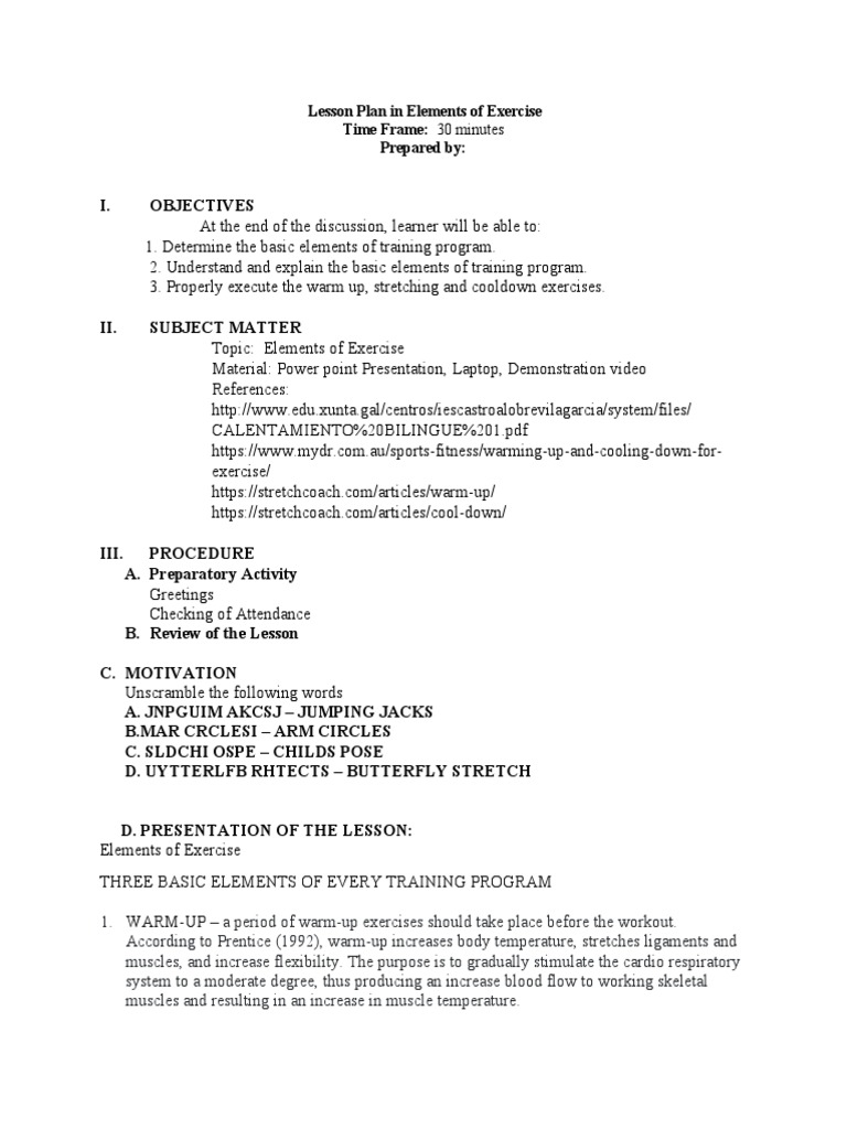 Lesson Plan in Elements of Exercise | PDF | Physical Fitness ...