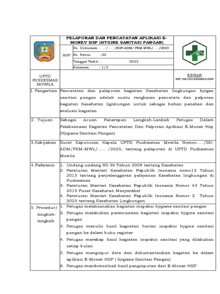 SOP Pelaporan E-Monev Hygiene Pangan | PDF | Sains & Matematika