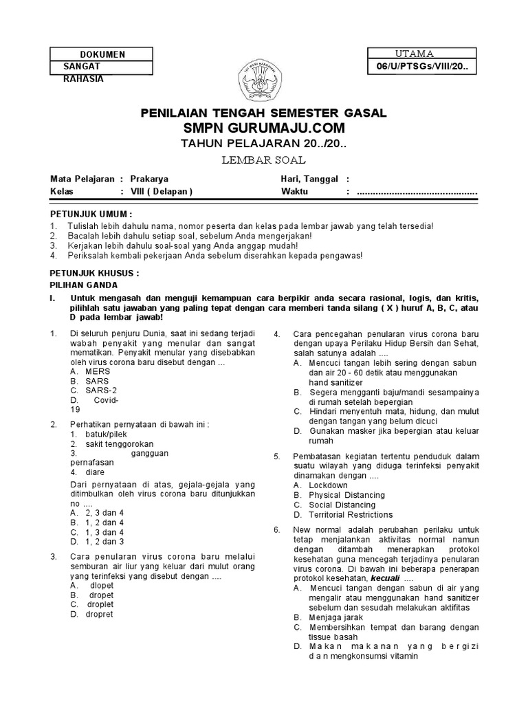 Soal PTS 1 Prakarya Kelas VIII K13 | PDF
