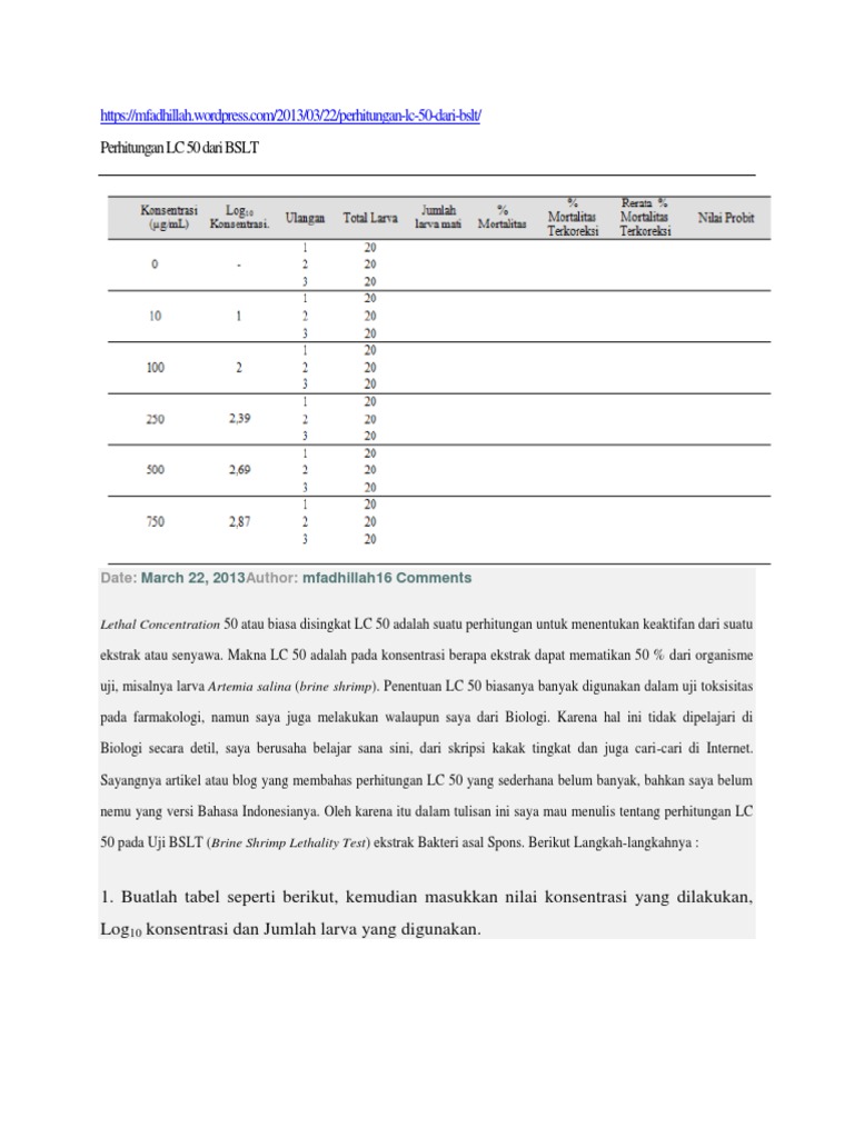 Contoh Perhitungan LC 50 Dari BSLT | PDF
