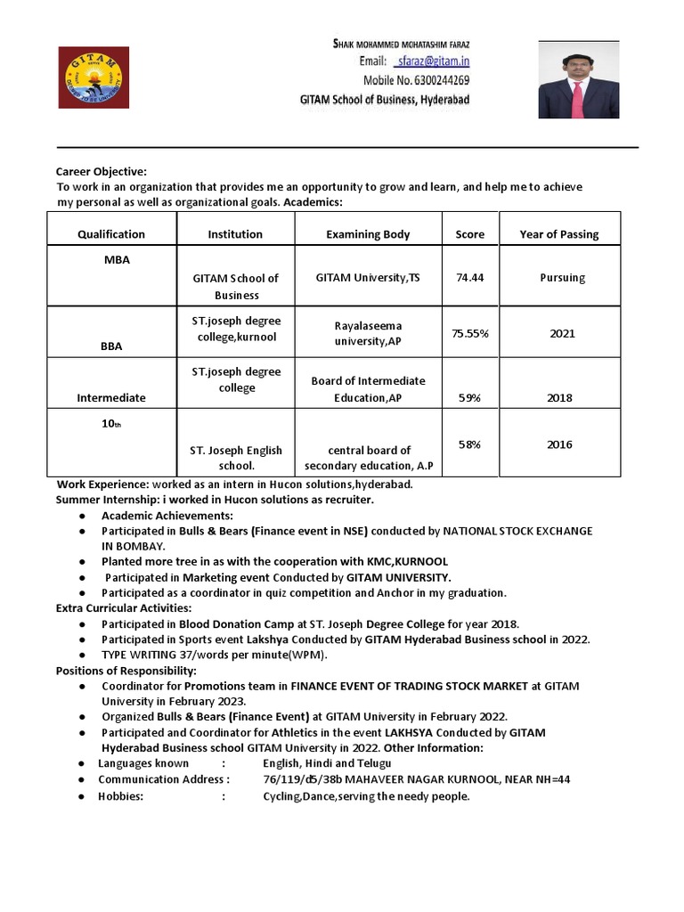 Shaik Mohammed Mohatashim Faraz. CV - Shaik Mohammed Mohtashim HP21MGMT0100224 | PDF
