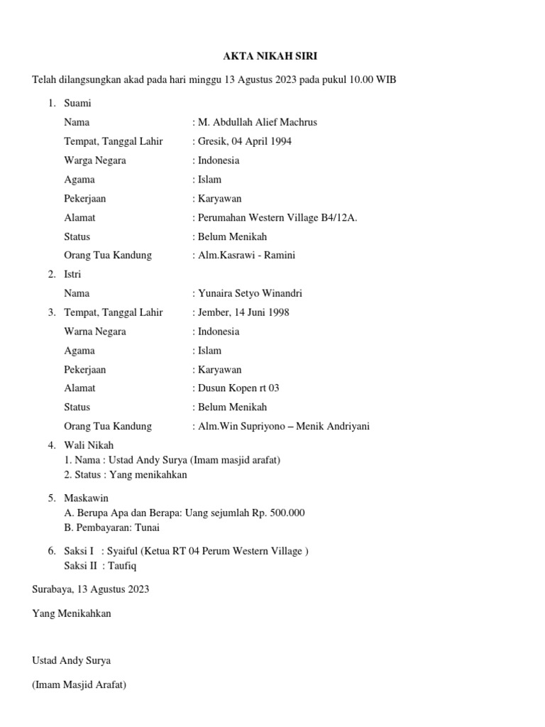 Akta Nikah Siri Mas Yus | PDF