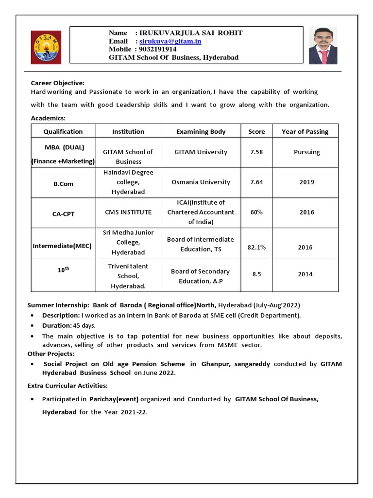 SAI ROHIT-215 RESUME FOR PLACEMENT New 2023 - IRUKUVARJULA SAI ROHIT ...