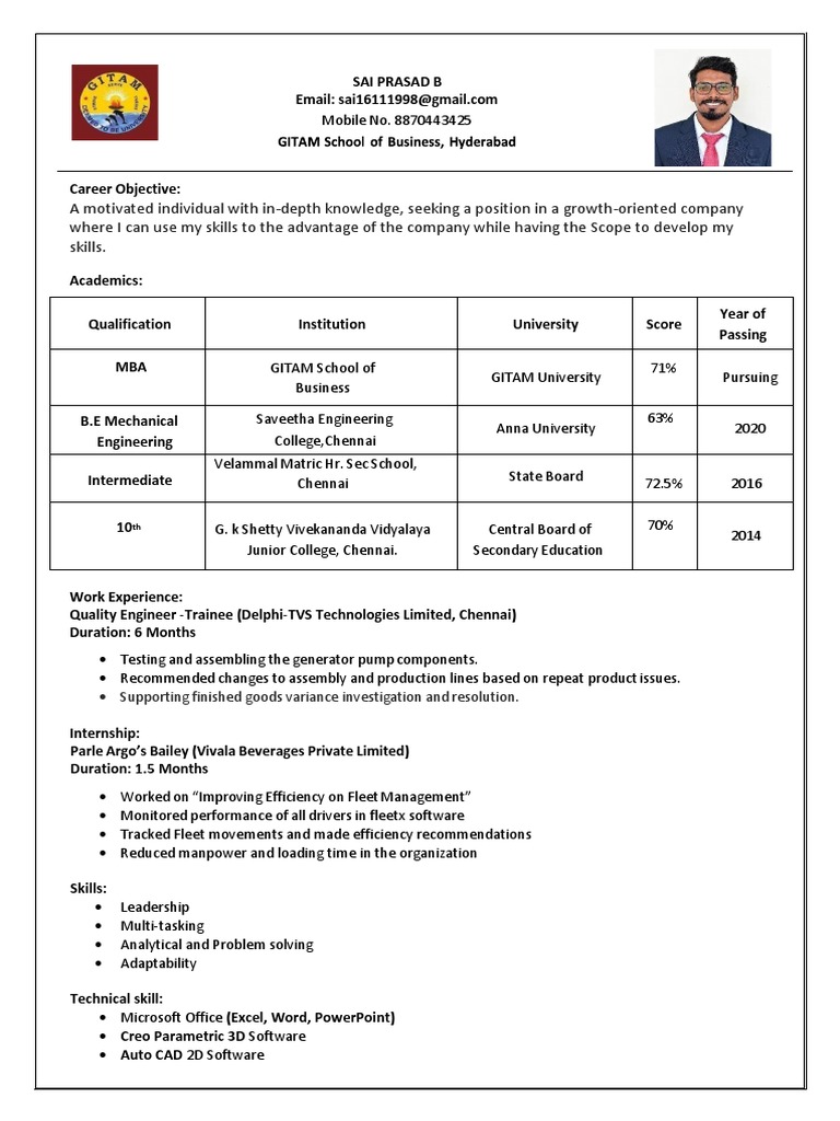 Sai Prasad Resume - SAI PRASAD B HP21MGMT0100211 | PDF