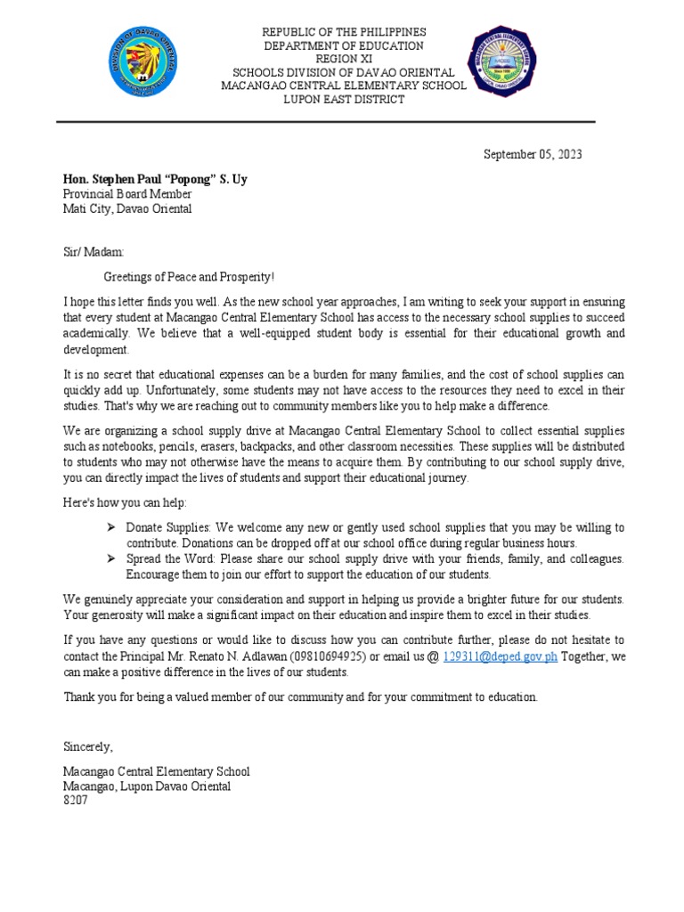 School Supplies Donation Request Letter | PDF | Wellness