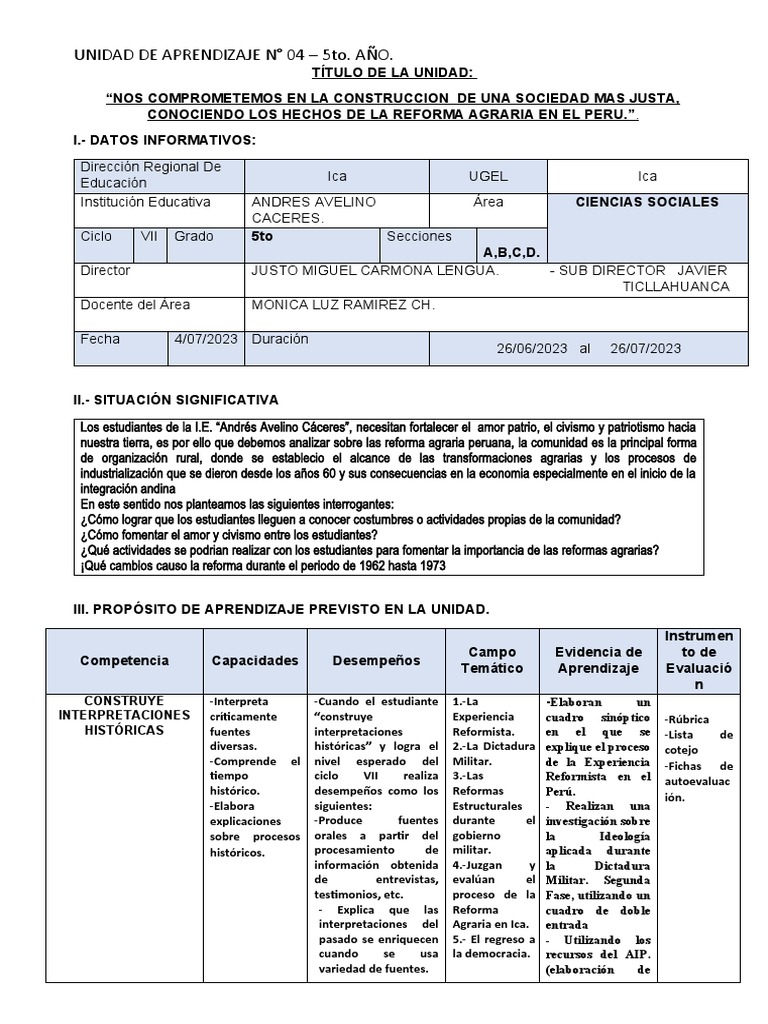 Unidad de Aprendizaje N 4 | PDF | Aprendizaje | Perú