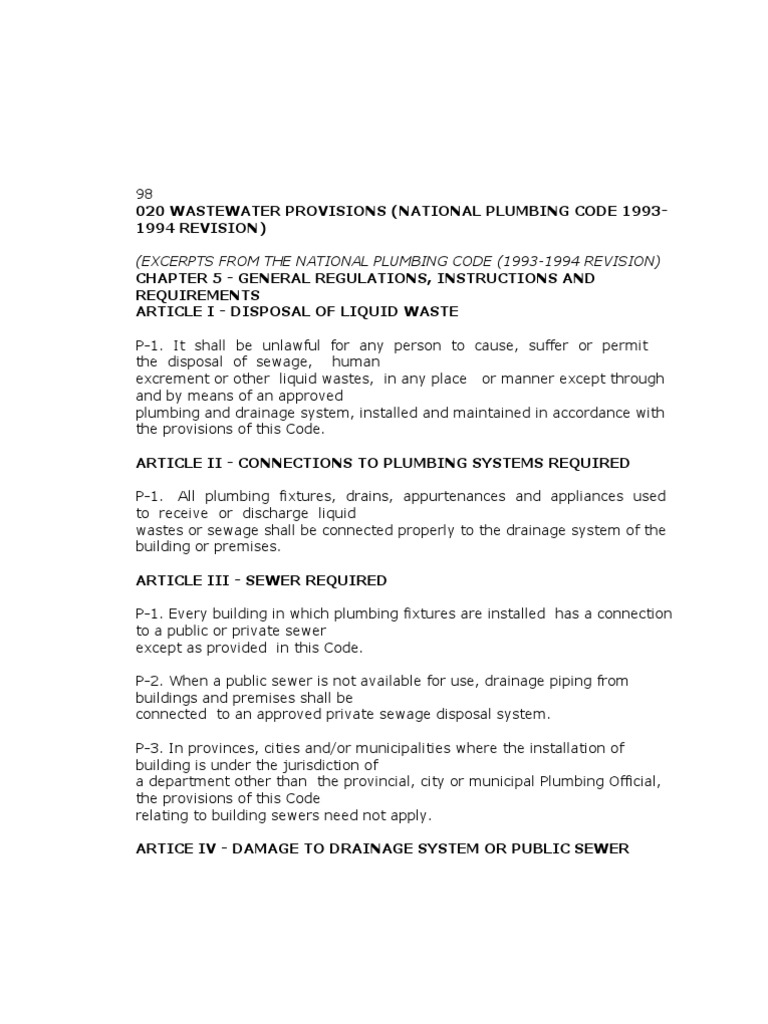 (Excerpts From The National Plumbing Code (1993-1994 Revision) | PDF ...