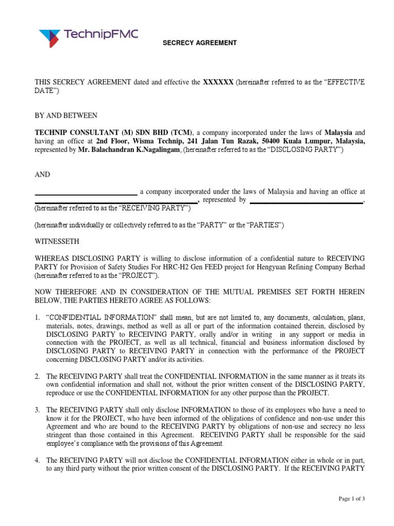 Secrecy Agreement 077208-CFB-9182 - 01 Safety Studies For HRC H2Gen FE | PDF | Non Disclosure ...