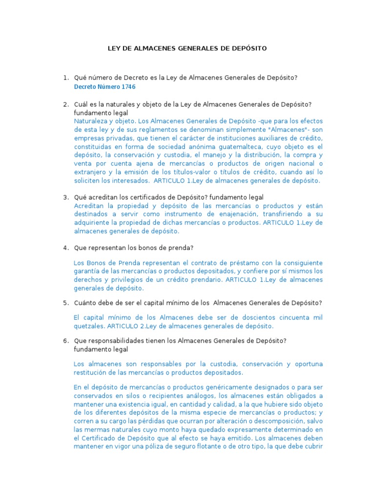 Annotated-Cuestionario Sobre La Ley de Almacenes Generales de DepÓsito ...