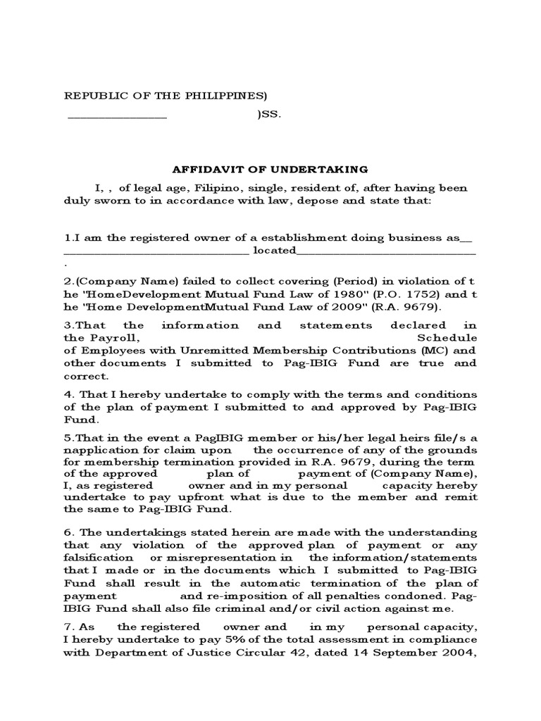Pag-IBIG Affidavit of Undertaking Form | PDF | Affidavit | Public Law