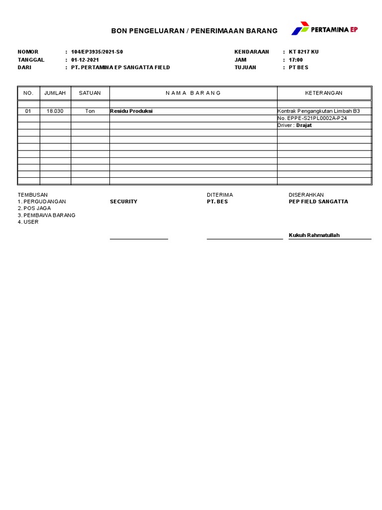 Bon Pengeluaran Barang PT Yilin | PDF