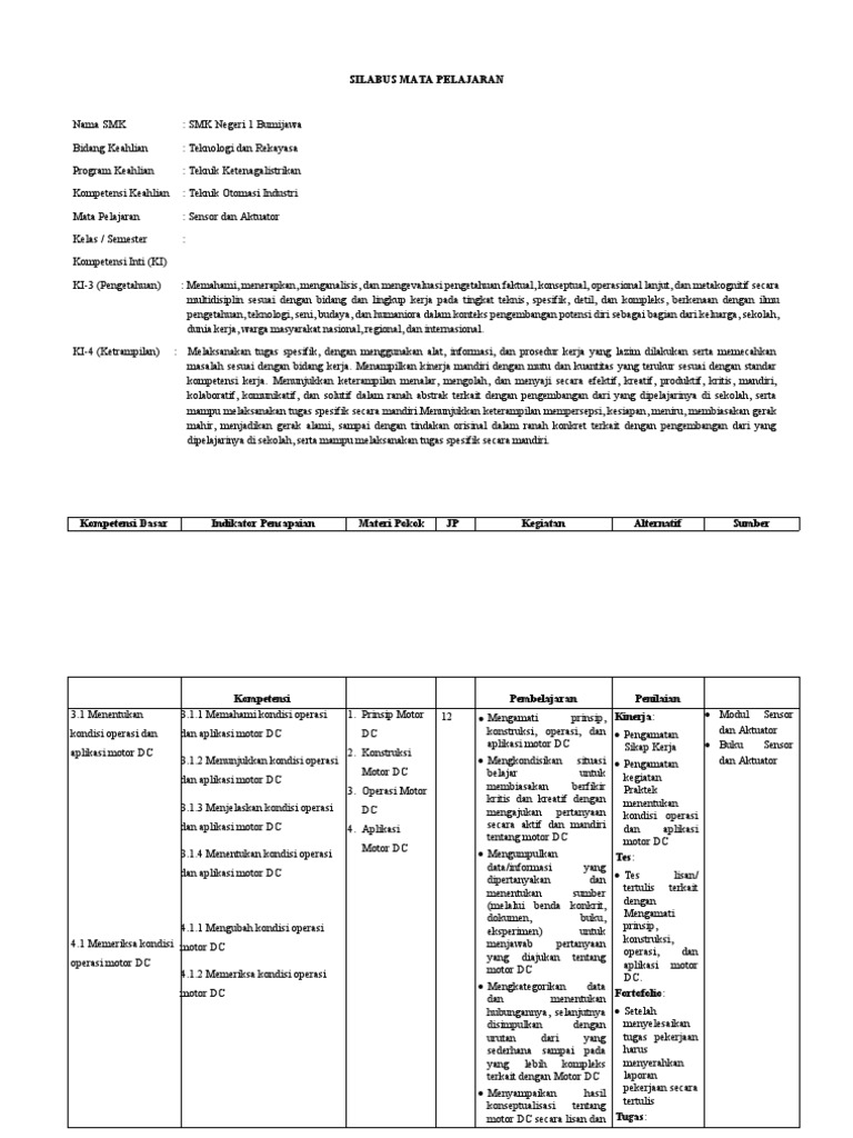 Silabus Mapel Sensor Dan Aktuator Xiii | PDF