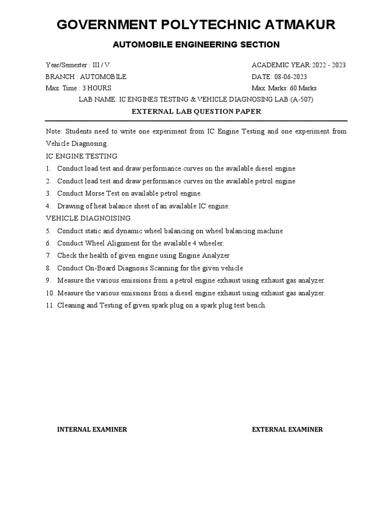 III DAE V SEM LAB EXTERNAL QUESTION PAPERS | PDF | Exhaust Gas | Engines